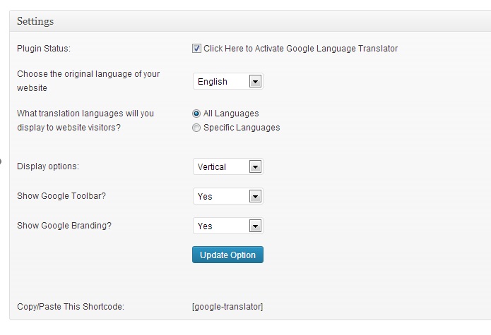 Google Translate Plugin Settings Screen - WebRiti